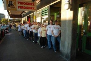 Piroshky Team Members stand in line for a change